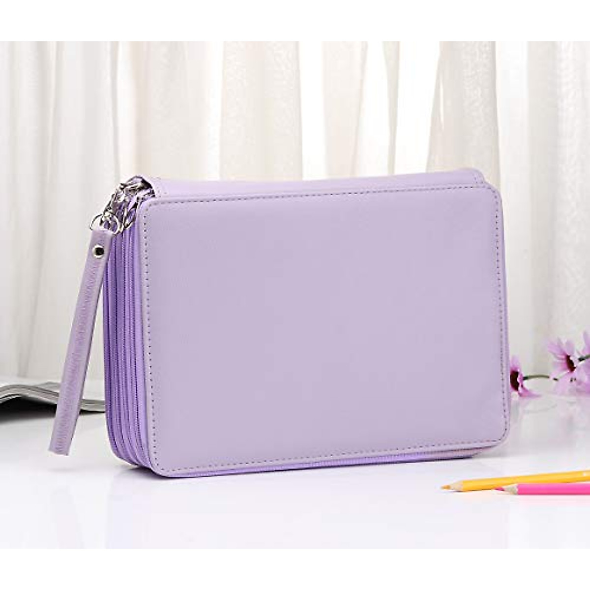 Shulaner 200 Slots Colored Pencil Case Organizer with Zipper PU Leather Large Capacity Pen Holder Bag (Purple)