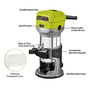 DEWINNER Electric Router Tool, 710W 13000-33000 RPM 6 Variable Speed Wood Router for Woodworking with 3 Clamps and 5 Router Tool Bits