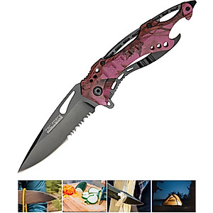 Linerlock A/O Pink Camo Aluminum Handle Serrated Stainless Steel Open Folding Pocket Knife 705pc Outdoor Survival Hunting Knife for Camping by Survival Steel