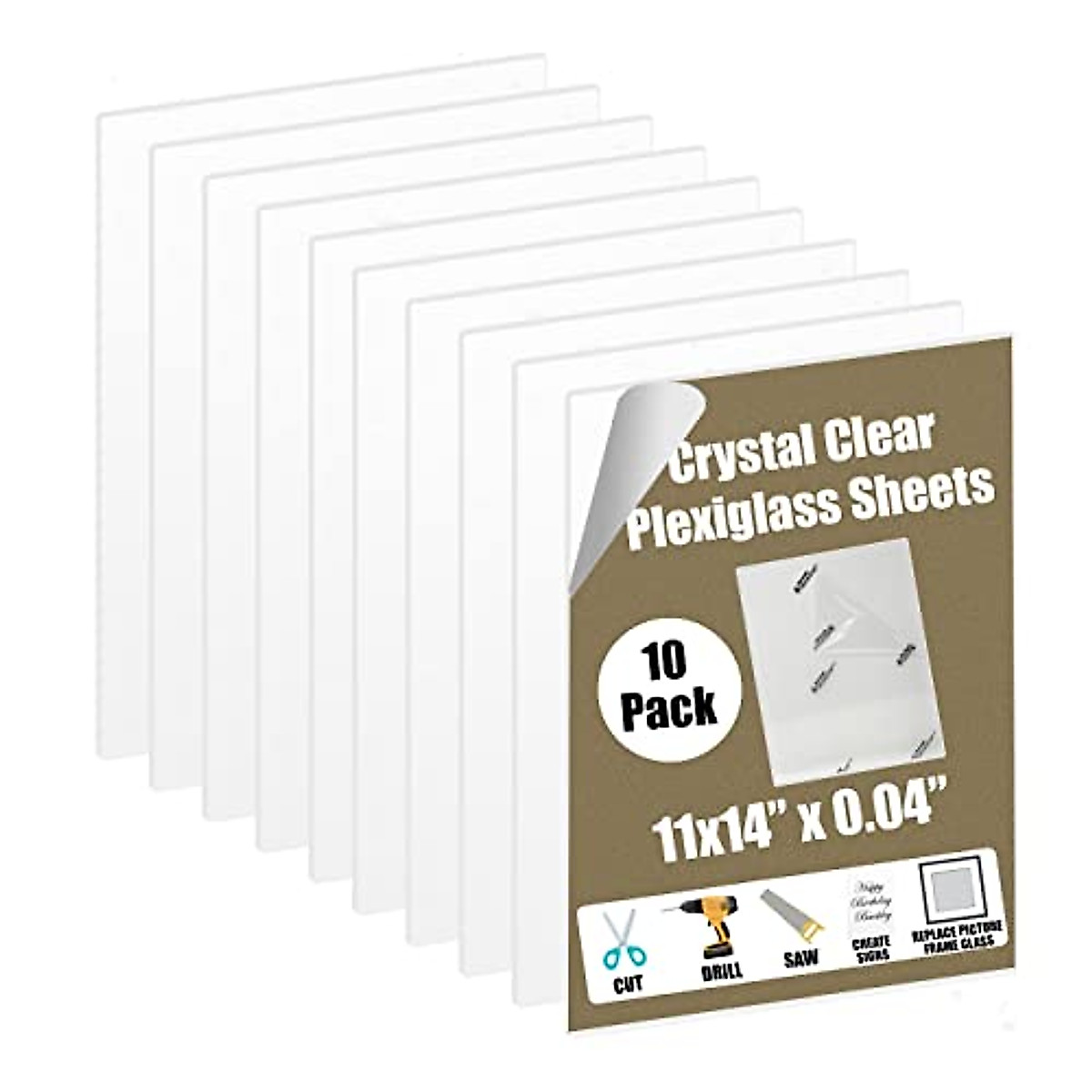 11x14 Plexiglass Quality PET Sheet Panels 10 Pack - 11x14 x .04" - Lightweight Shatterproof Alternative to Glass - for Picture Frame, DIY Projects, Signs, Sneeze Guards, Railing Guards, Pet Barriers