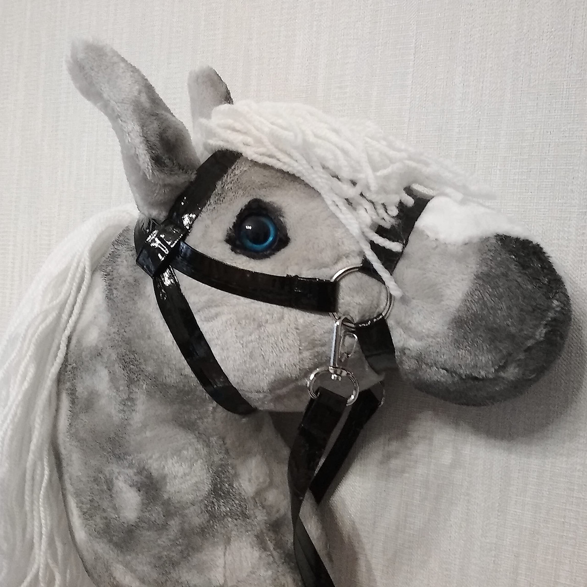 Gray stick hobby horse A4 Realistic plush handmade toy horse with bridle
