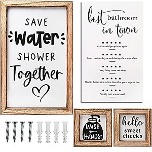 LotFancy Farmhouse Bathroom Decor, Funny Wall Signs and Wooden Back of Toilet Storage Basket