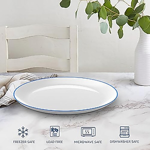 HomeElves Dinner Plates Set of 8, 10.5 inch Opal Glass Plate Set, Lightweight Kitchen White Plates, Break and Chip Resistant, Safety for Microwave & Dishwasher,Blue Rim