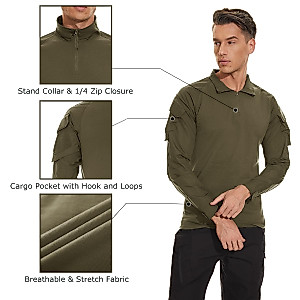 TACVASEN Tactical Shirt for Men 1/4 Zip Combat Shirt Long Sleeve with Pockets Army Pullover Military Lightweight Hiking Shooting Training Green L
