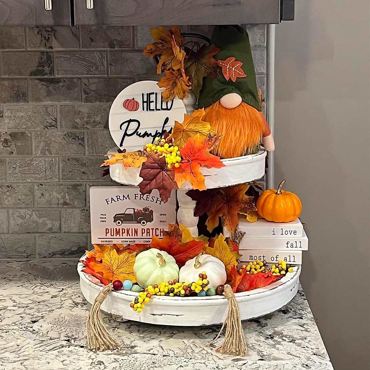 Liswit Set of 9 Fall Tiered Tray Decor with Gnome Book Stack Hello Pumpkin 3 Artificial Pumpkins & Bead for Autumn Halloween Thanksgiving Harvest Decoration Home Decor Set