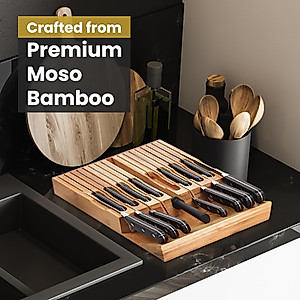 Eltow Bamboo Knife Drawer Organizer, In-Drawer Universal Knife Block with Safety Slots for 16 Knives (Not Included) and Slot for Knife Sharpener, Elegantly Crafted from Premium Moso Bamboo
