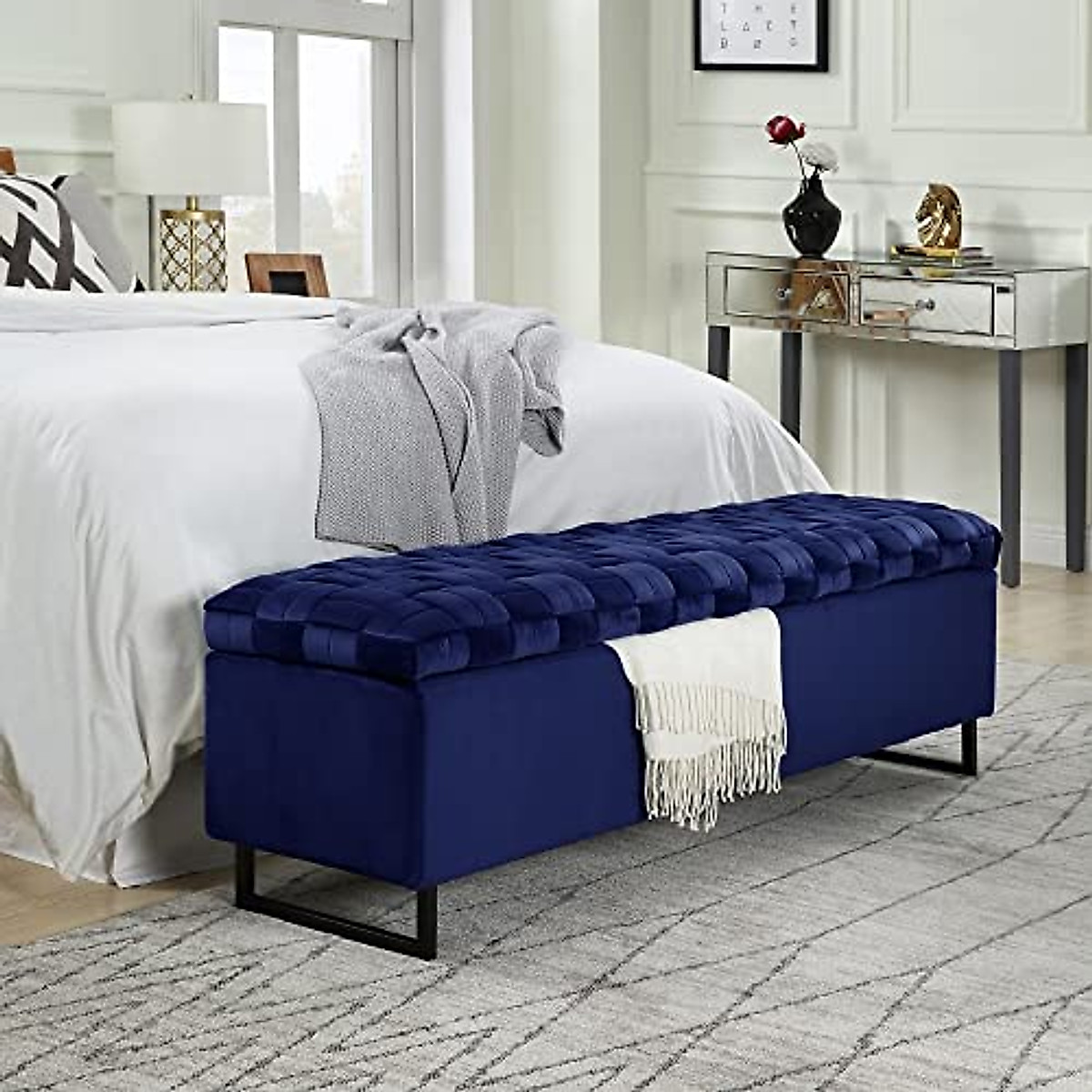 Inspired Home Velvet Storage Ottoman - Hand Woven Entryway Bench with Storage and Foot Rest, Navea, Navy