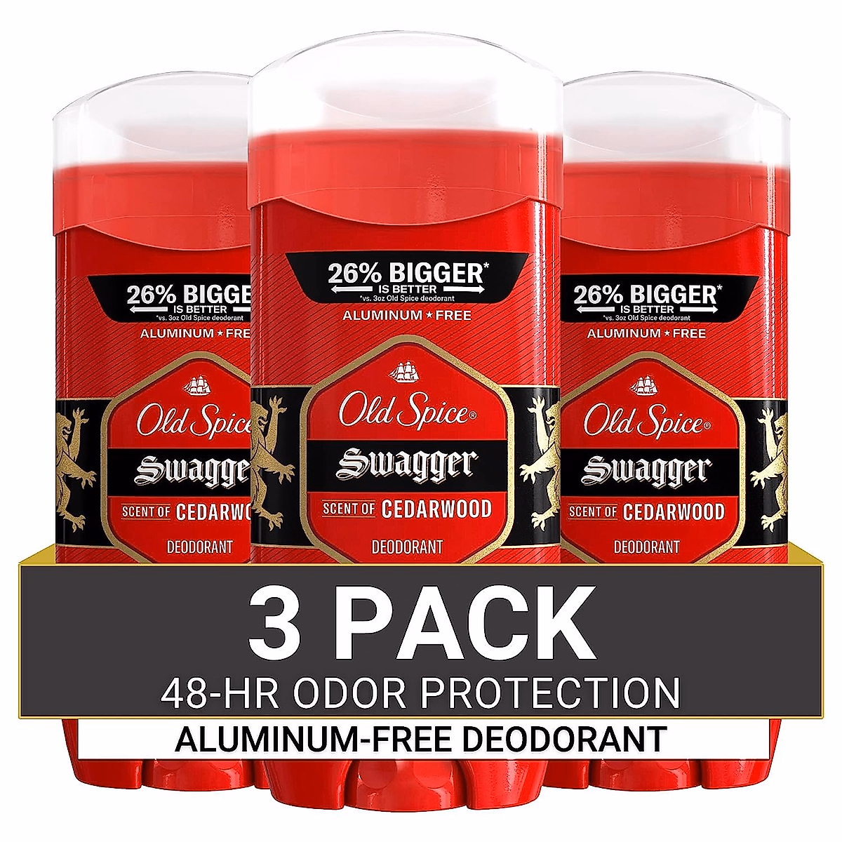 Old Spice Aluminum Free Deodorant for Men, 24/7 Odor Protection, 24/7 Lasting Freshness, Red Collection, Swagger with Cedarwood Scent, 3.8 oz (Pack of 3)