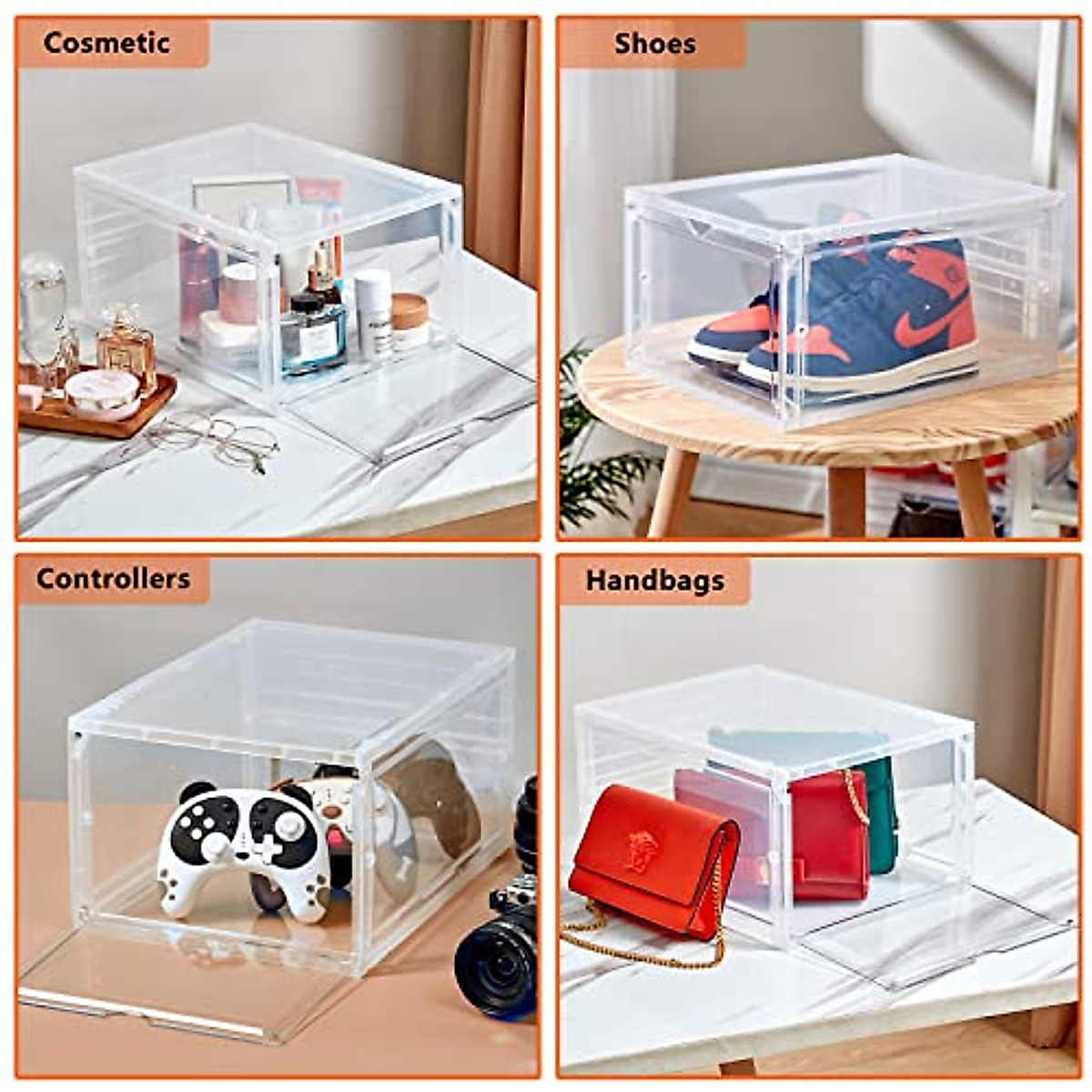Drop Front Shoe Box,Set of 8 , Stackable Plastic Shoe Box with Clear Door, As Shoe Storage Box and Shoe Containers for Sneaker Display,Clear Shoe organizer and cases with lids， Fit up to US Size 12(13.4”x 9.8”x 7.1”)Clear