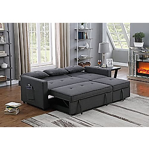 TUTB 80'' L-Shape Convertible Sleeper Sectional Sofa with Pull-Out Recliner and Bed, Side Pocket, Linen Corner 3 Person Couch for Home Furniture, Living Room, Apartment, Dorm, Dark Gray, 80