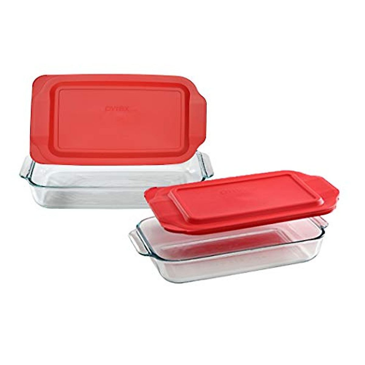 Pyrex Bundle - 4 Items: (1) 232 2qt Glass Dish, (1) 233 3qt Glass dish, (1) 232-PC 2qt Red Lid, (1) 233-PC 3qt Red Lid Made in the USA