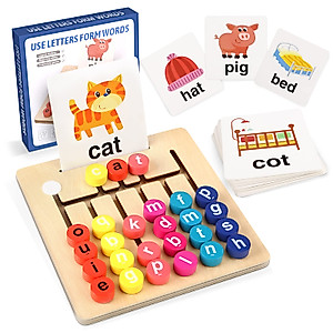 Joyreal Sight Word Spelling Games, CVC Flash Cards Kindergarten Homeschool, Wooden Vowel Letters Preschool Toys Fine Motor Skills Alphabet Blocks Learning Classroom 3-8 Years Old