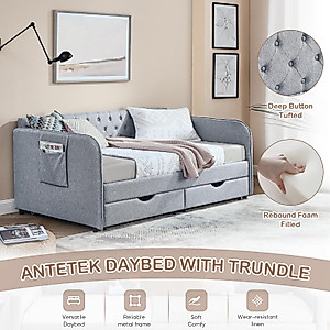 Antetek 80.5" Daybed with Drawer, Modern Button Tufted Linen Day Bed with Trundle Bed Twin to King, Upholstered Daybed Frame w/Storage Pocket for Bedroom, Living Room, No Box Spring Needed, Grey