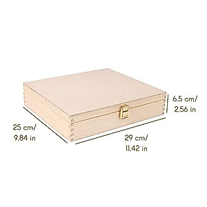 Creative Deco Wooden Storage Box Unpainted Plain | 11.41 x 9.84 x 2.55 in | Golden Latch & Lid | Perfect for Storing Valuables & Small Items in The Office or Bedroom | Keepsake Memory Trinket Chest