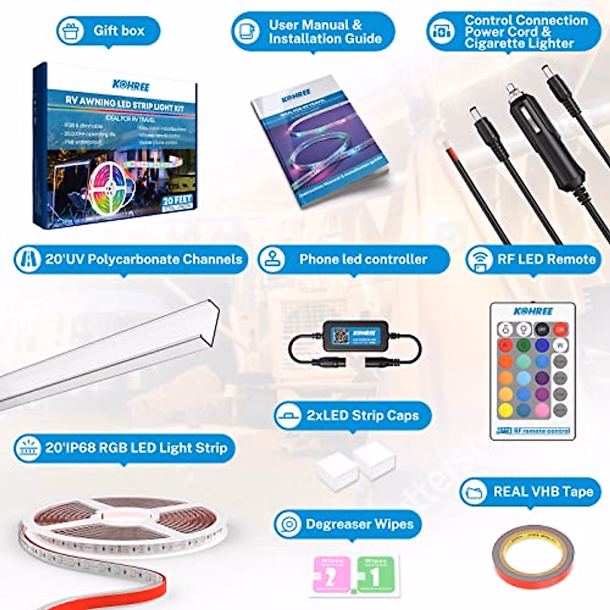 Kohree 20FT RV Awning Led Light Kit, RGB Dimmable Waterproof 12V Strip Exterior Lighting with APP/Remote Control, for Party Camper Motorhome Travel Trailer (White & Multi-Color)