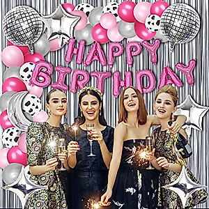 Refavor Disco Birthday Party Decorations - 60pcs Western Disco Party Decorations Pink Silver Backdrop Disco Ball Hot Pink Happy Birthday Balloons Decor Birthday Decorations Supplies Cowgirls Women
