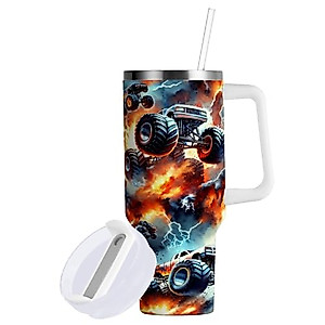 Jihqo Lightning Tank Cars 40 oz Stainless Steel Vacuum Insulated Tumbler with Handle and Straw Lid, Leakproof Water Bottle Double Wall Travel Mug Coffee Cup, Cupholder Friendly