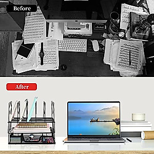 gianotter Desk Organizers and Accessories, Office Supplies Desk Organizer with Sliding Drawer, Double Tray and 5 Upright Sections (Black)