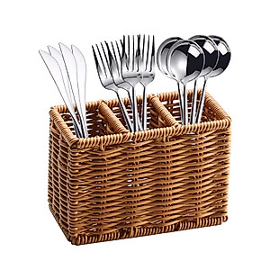 Kitchen Utensil Holder for Countertop Wicker Utensil Caddy Cutlery Holder Silverware Caddy Natural Woven Flatware Caddy with 3 Compartment for Hold Forks,Knives,Spoons,Napkins,Indoor or Outdoor,Brown