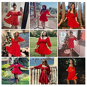 EXLURA Women's Casual Lantern Sleeve Tie Back Dress Ruffle Square Neck A-Line Fairy Fall Dresses Red