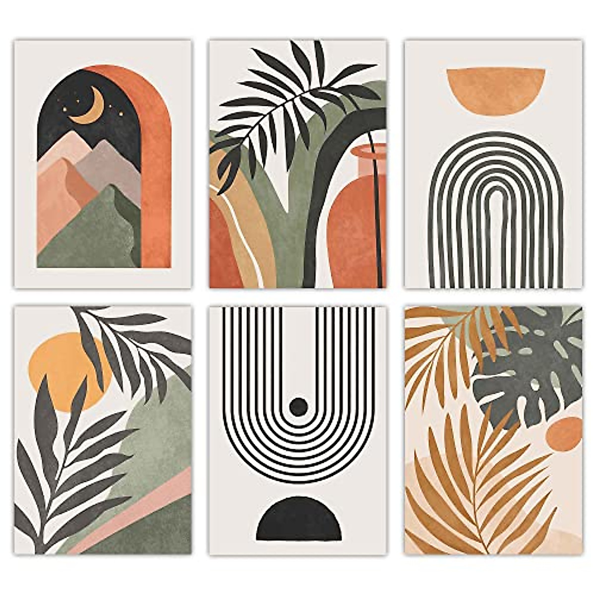 Canssape Boho Wall Art Set of 6 Geometric Abstract Wall Poster for Bedroom Mid Century Modern Wall Art 8"x10"Boho Wall Decor for Room Aesthetic (Unframed)(Green)