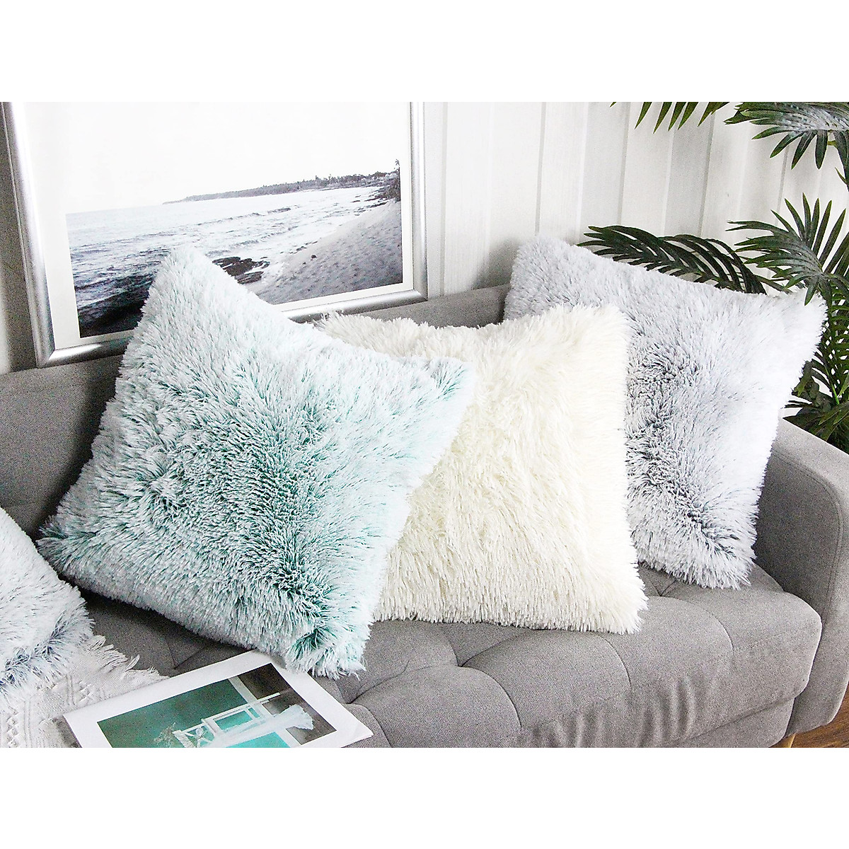 Uhomy Home Decorative Luxury Series Super Soft Style Artificial Fur Throw Pillow Case Cushion Cover Fluffy Double Side for Sofa/Bed, Cream 18x18 Inch 45x45 cm Set of 2