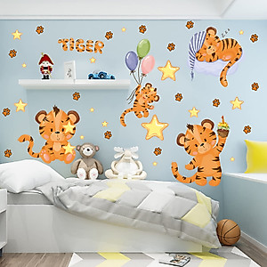 Balloon Flying Animals Wall Decals, Cute Tiger Elephant Star Wall Stickers,Animal Stickers for Kids,Cartoon Wall Decors for Nursery Kids Room Living Room Bedroom Decorations Home Decor