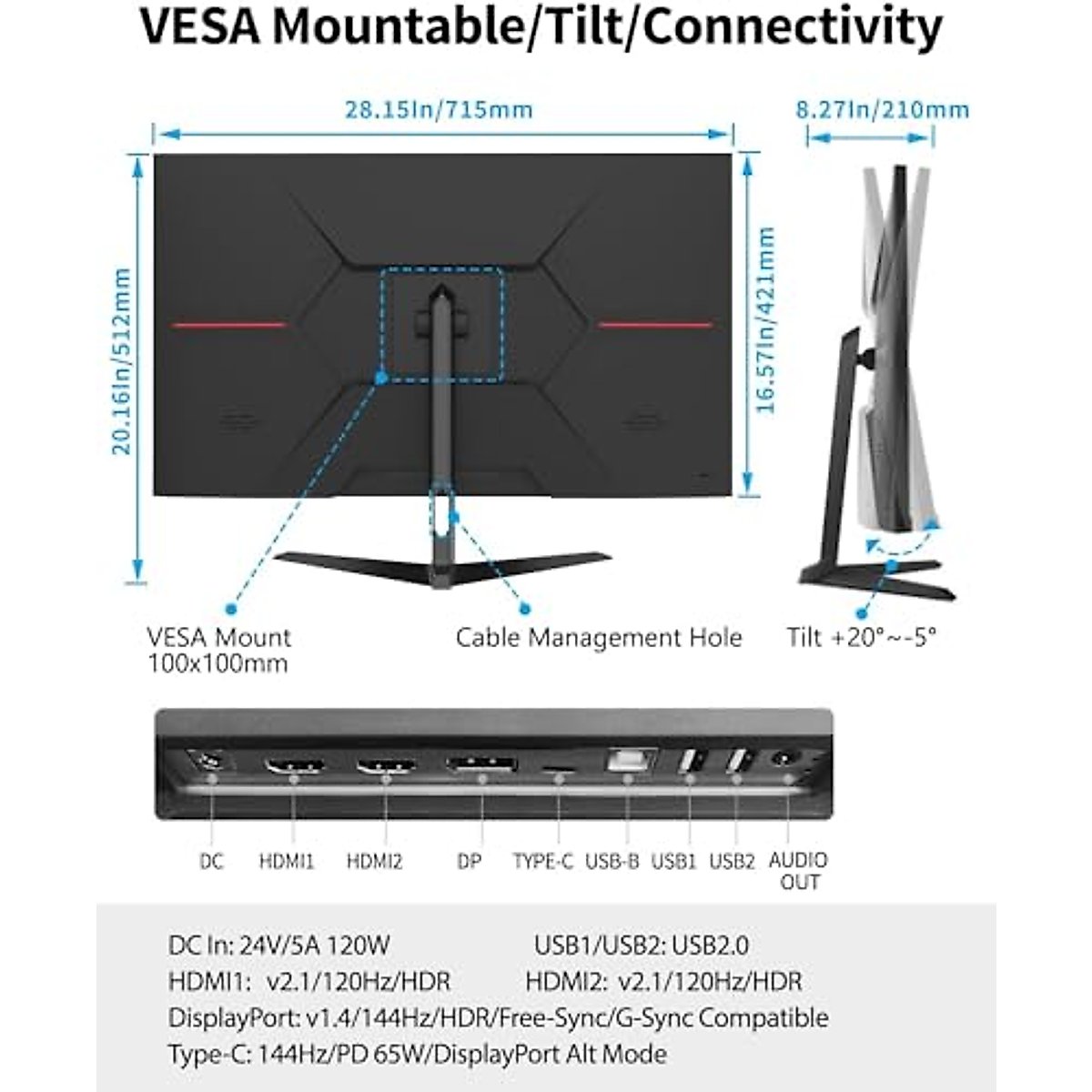 FYHXele 4K Gaming Monitor 144Hz 32inch, Fast UHD IPS Computer Monitor, 1ms, VESA Mountable, DSC， Built-in Speakers, Free-Sync, 1xDP1.4, 1xHDMI2.1, 1xHDMI2.0, 1xUSB-C, USB Hub, 95% DCI-P3, HDR400