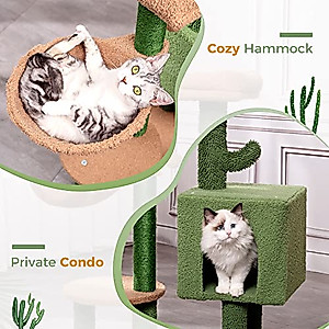 MeowSir Cactus Cat Tree 34 Inches Cute Cat Tower with Padded Top Perch, Comfy Hammock, Private Condo, Fully Scratching Post and Dangling Bell Ball for Indoor Cats- Khaki