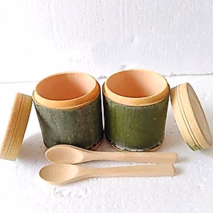 WellieSTR 2-Pack (S/Dia.9~10cm/H 12cm) Natural Bamboo Steamer Bowl Rice Basket Dessert Cup Bamboo Wine Glass for Asian Food,Dim Sum,Rice,Bamboo Wrapped Sticky Rice Steamer,Snack Tool,with Spoon