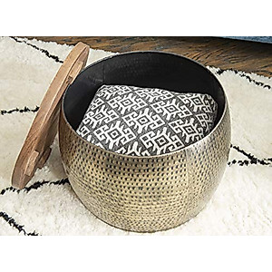 Powell Hammered Gold Drum with Natural Wood Lift Top for Storage Janice Table