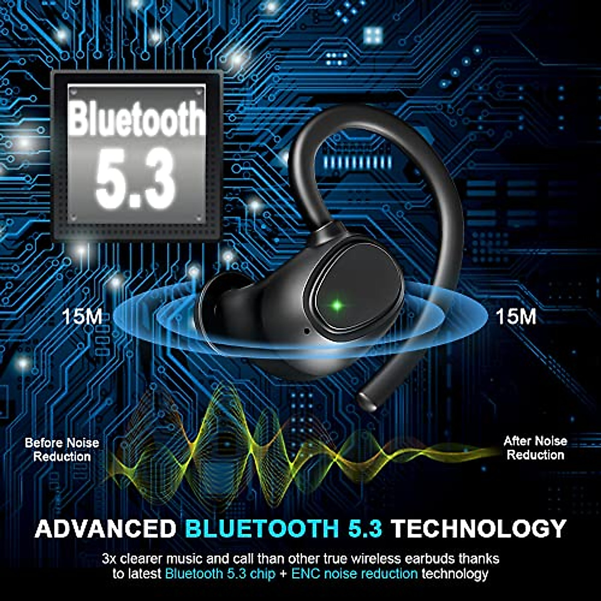 Wireless Earbud NEW Bluetooth 5.3 Headphones Sport Earphones 48H Playtime Ear Buds with ENC Mic LED Display, Stereo Noise Cancelling Earbud Over-Ear Buds Earhook IP7 Waterproof Headset for Running Gym