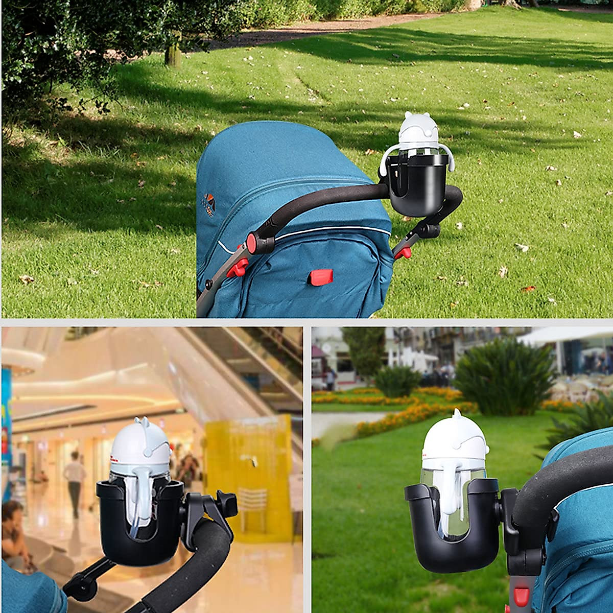 NUOSHIKE Stroller Cup Holder, Baby Water Bottle Holder, Bicycle Bottle Holder, Wide Calibre, Universal Cup Holder for Rollator, Boat, Walker, Wheelchair, with 2 pcs Stroller Hook SCH4037 Black