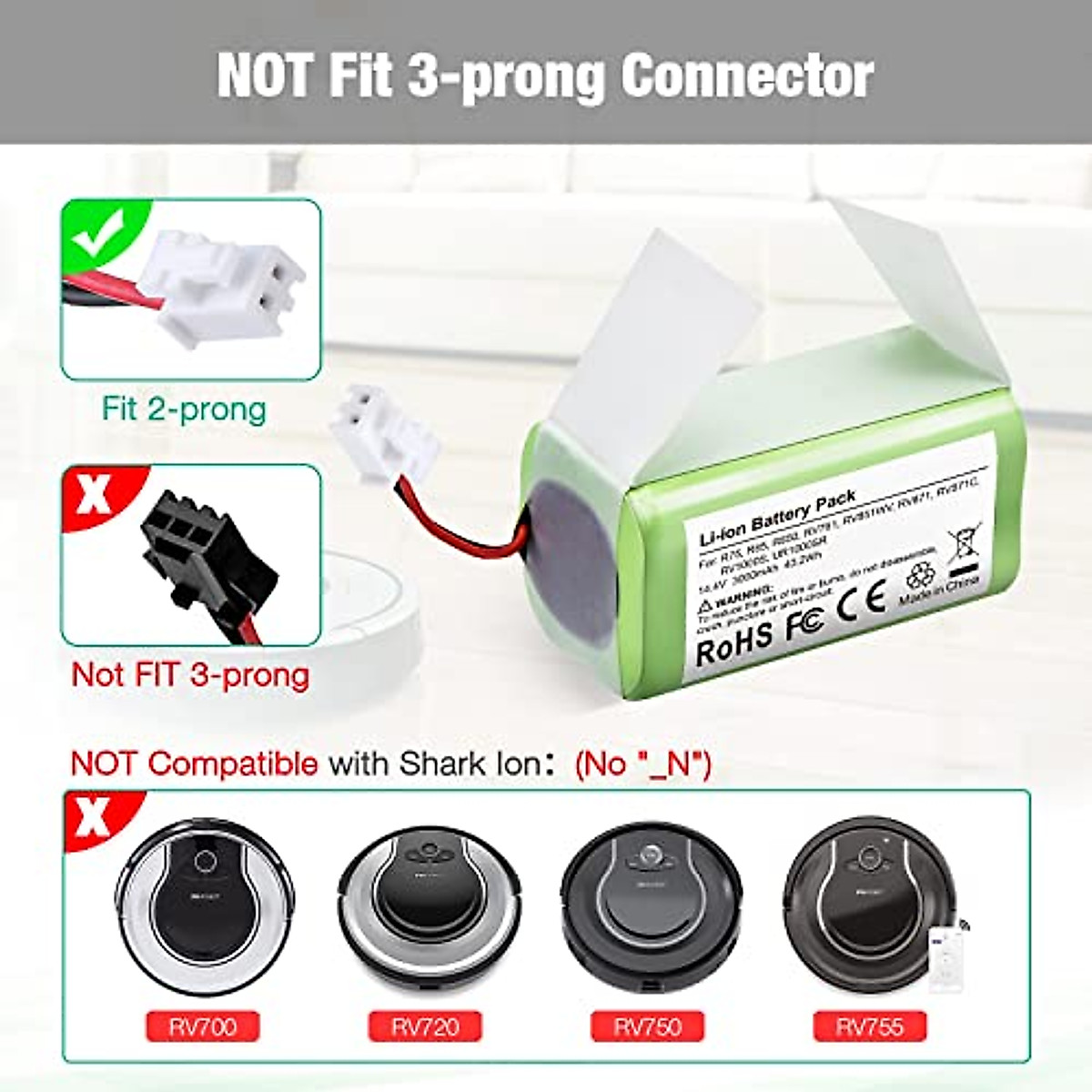 FirstPower Upgraded 3.0Ah Replace Shark RVBAT850 Battery for Shark Ion Robot R75, RV761, RV850C, RV1000S, RV1100VL, RV101AE, UR1000SR, RV700_N, RV720_N Vacuum Cleaners (NOT for 3-Prong Connector)