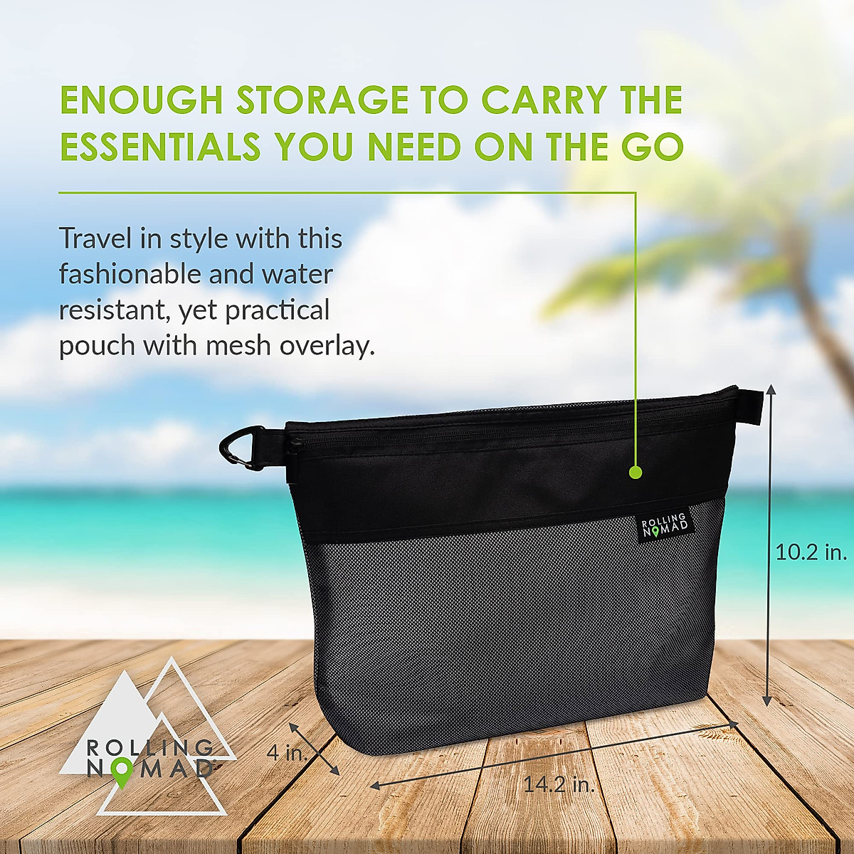 Rolling Nomad Large Zipper Pouch, Water-Resistant Mesh Bag, Black Travel Organizer, Toiletry, Storage, Cosmetics, Money Purse, Accesory, 14.2x10.2x0.4