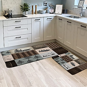 2Pcs Rustic Cabin Kitchen Mat Retro Lodge Bear Moose Deer Mountain Forest Farmhouse Buffalo Plaid Country Hunting Soft Non-Slip Mat Absorbent Carpet Bath Rugs Floor Decor 15.7”x23.6”+15.7”x47.2”