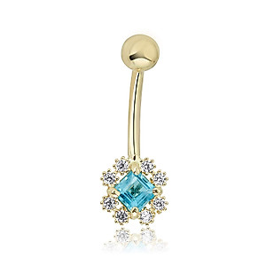 AVORA 10K Yellow Gold Princess-cut Simulated Diamond CZ Halo Belly Button Ring Body Jewelry (14 Gauge)