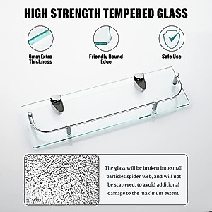 VASUHOME 2 Tier Bathroom Glass Shelves, Tempered Glass Bathroom Wall Organizer with Silver Guardrail, and 2 Metal Hooks - Wall Mounted Rectangular Shelves for Storage and Display