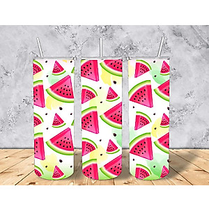 Watermelon 20 oz stainless steel insulated tumbler with straw and grip pad on bottom - comes in a gift box