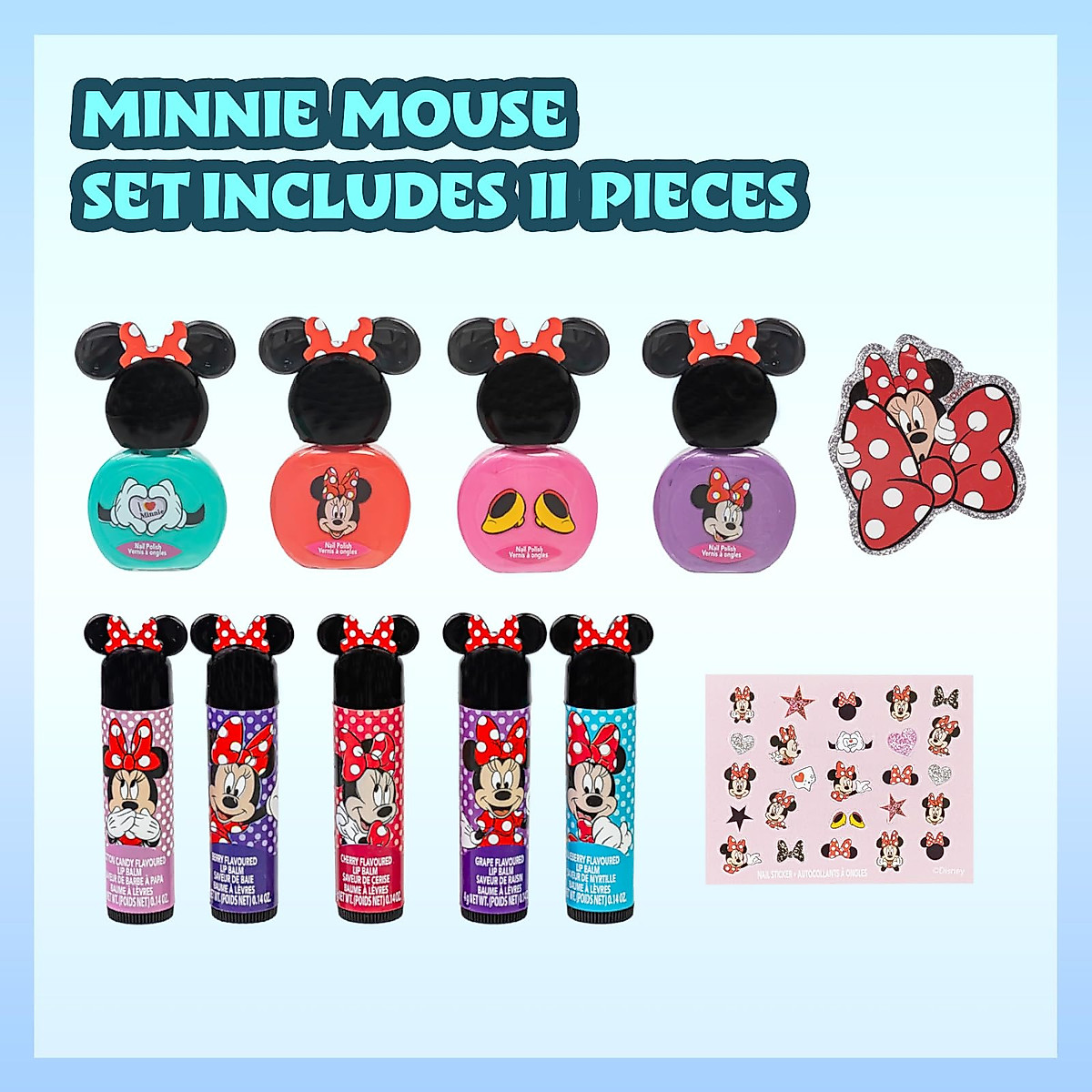 Townley Girl Disney Minnie Mouse Sparkly Cosmetic Makeup Set for Girls with Lip Balm Nail Polish Nail Stickers-35 Pcs|Perfect for Parties Sleepovers Makeovers|Birthday Gift for Girls above 3 Yrs, Kid