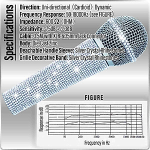 RhymKawa Crystal Silver Dynamic Vocal Microphone for Singing with 3M XLR Cable, Glitter White Wired Microfono with Shiny Bling Handle Cover for Karaoke Machine, All Metal Body