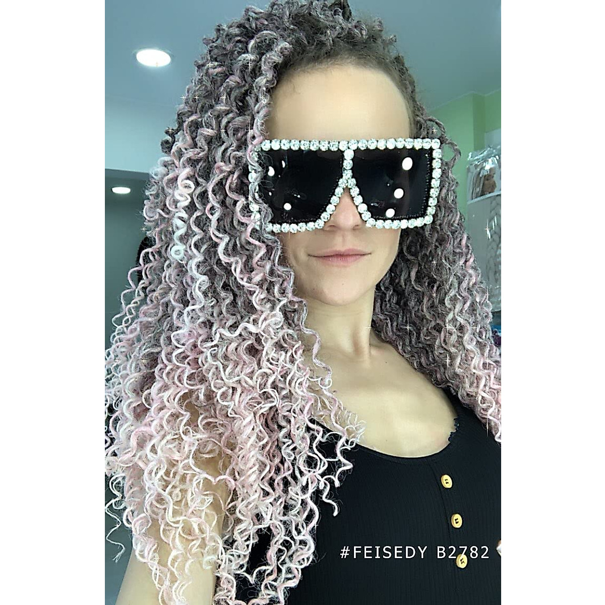 FEISEDY Oversized Sparkling Crystal Sunglasses Disco Diamond Flat Top Fashion Square Large Shades B2782
