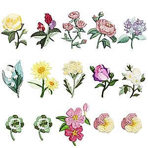 Modixun 15pcs Mini Flowers Iron On Patches, 13 Patterns Decorative Embroidered Patches, Sew On/Iron On Patch Applique for Jeans, Clothing, Hat, Jacket, Mini Flowers