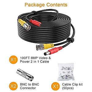WILDHD [20AWG Cables] 100ft 8MP/4K BNC Cable All-in-One Siamese Video and Power Security Camera Cable, BNC Extension Wire Cord with 2 Female Connectors for All HD CCTV DVR Surveillance System(Black)