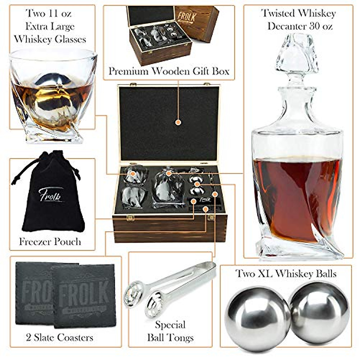 Whiskey Decanter and Stones Gift Set for Men - Whiskey Decanter, 2 Twisted Whiskey Glasses, 2 XL Stainless Steel Whisky Balls, 2 Slate Coasters, Special Tongs & Freezer Pouch in Pinewood Gift Box