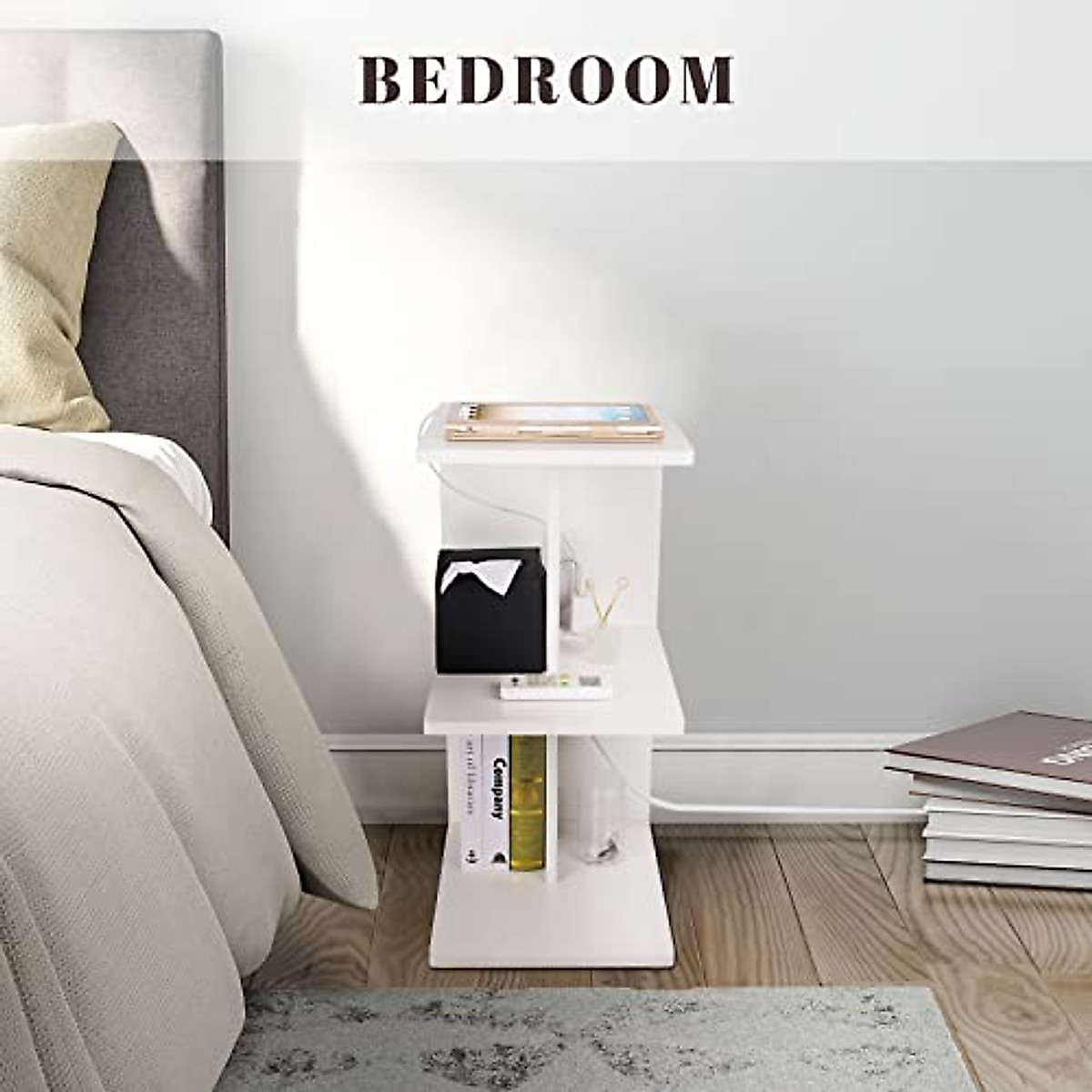 SZLHANJZ Narrow End Table, Small Side Table for Small Spaces, 3 Tier Modern Nightstand with Charging Station, Wood Couch Sofa Side Table with Storage Shelf, Night Table for Bedroom Home Dorm, White
