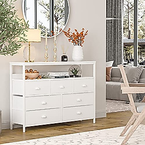 Furologee White TV Console Table, TV Stand with 7 Storage Drawer, Sofa Table with 2-Tier Shelves, Entertainment Center for 45" TV, Storage Fabric Drawer Unit for Bedroom, Living Room, Entryway