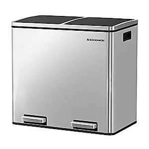 SONGMICS Trash Can, 2 x 6.3-Gallon (2 x 24L) Dual Garbage Can, Pedal Recycle Bin with Lids and Inner Buckets for Small Kitchens, Stainless Steel, Soft Closure, Airtight, Silver ULTB48NL