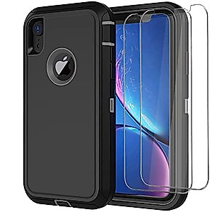 for iPhone XR Case with 2 x Screen Protector, Heavy Duty Shockproof/Drop Proof/Dust Proof 3-Layer Military Protection Full Body Rugged Defender Durable Cover for Apple iPhone XR (Black & Gray)