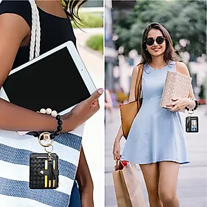 COOLANS Wristlet Bracelet Keychain Pocket Credit Card Holder Purse Tassel Keychain Bangle Key Ring for Women (Silicone Bead Bracelet+Card Purse (Black))